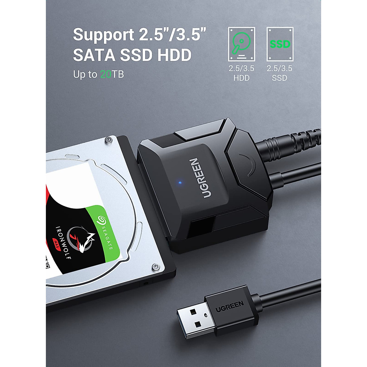 UGREEN SATA to USB 3.0 Adapter Cable for 3.5 2.5 Inch SSD/HDD Hard Drive Reader SATA III Hard Drive Disk Converter Support UASP Compatible with Samsung Seagate WD Hitachi with 12V Power Adapter
