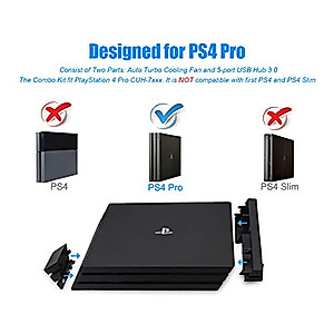 ElecGear Cooling Fan and USB Hub for PS4 Pro, Automatic Temperature Sensor Controlled Cooler and 5-Port USB 3.0 Adapter Splitter for Playstation 4 Pro CUH-7xxx
