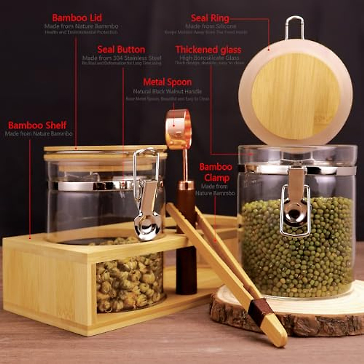 Matifaner Glass Coffee Storage Containers with Measuring Spoon, Airtight Food Storage jars with Lids, Glass Coffee Canister with Shelf and Scoop for Coffee,Sugar, Loose Tea, Set of 2 (27OZ×2P)