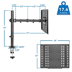 Mount-It! Laptop Desk Mount, Fully Adjustable Ergonomic Laptop Arm with Vented Tray, Cable Management, Clamp and Grommet Base, Fits Laptops up to 17 Inches, Black