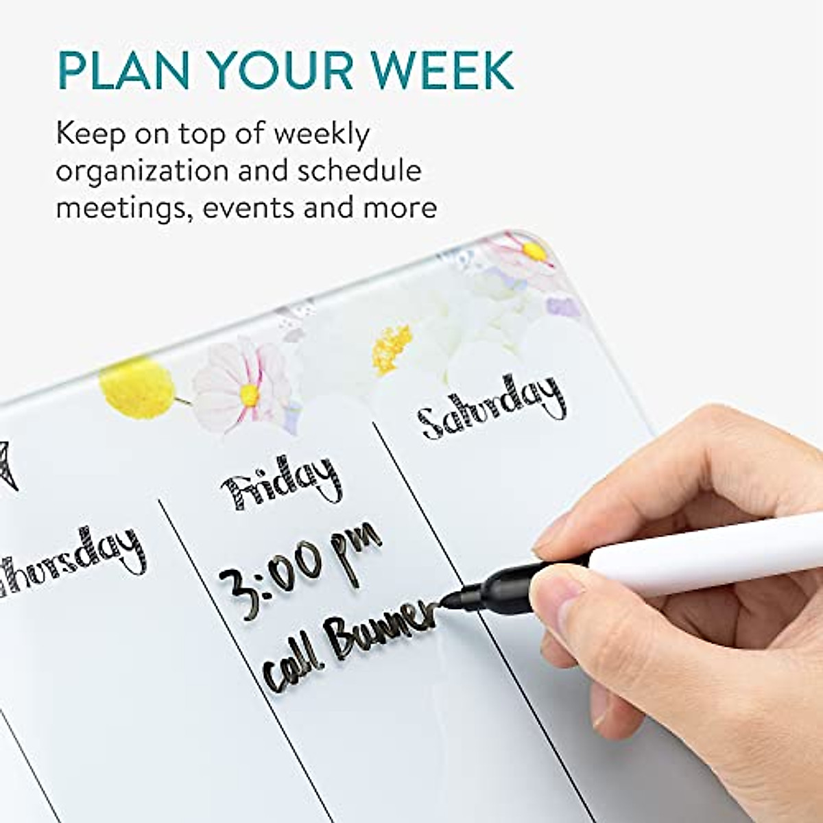 Navaris Weekly Whiteboard Planner - Small Dry Erase Glass Whiteboard to Do Calendar for Office Desk Dry Erase Schedule Board - 16 x 6 Inches - Flowers