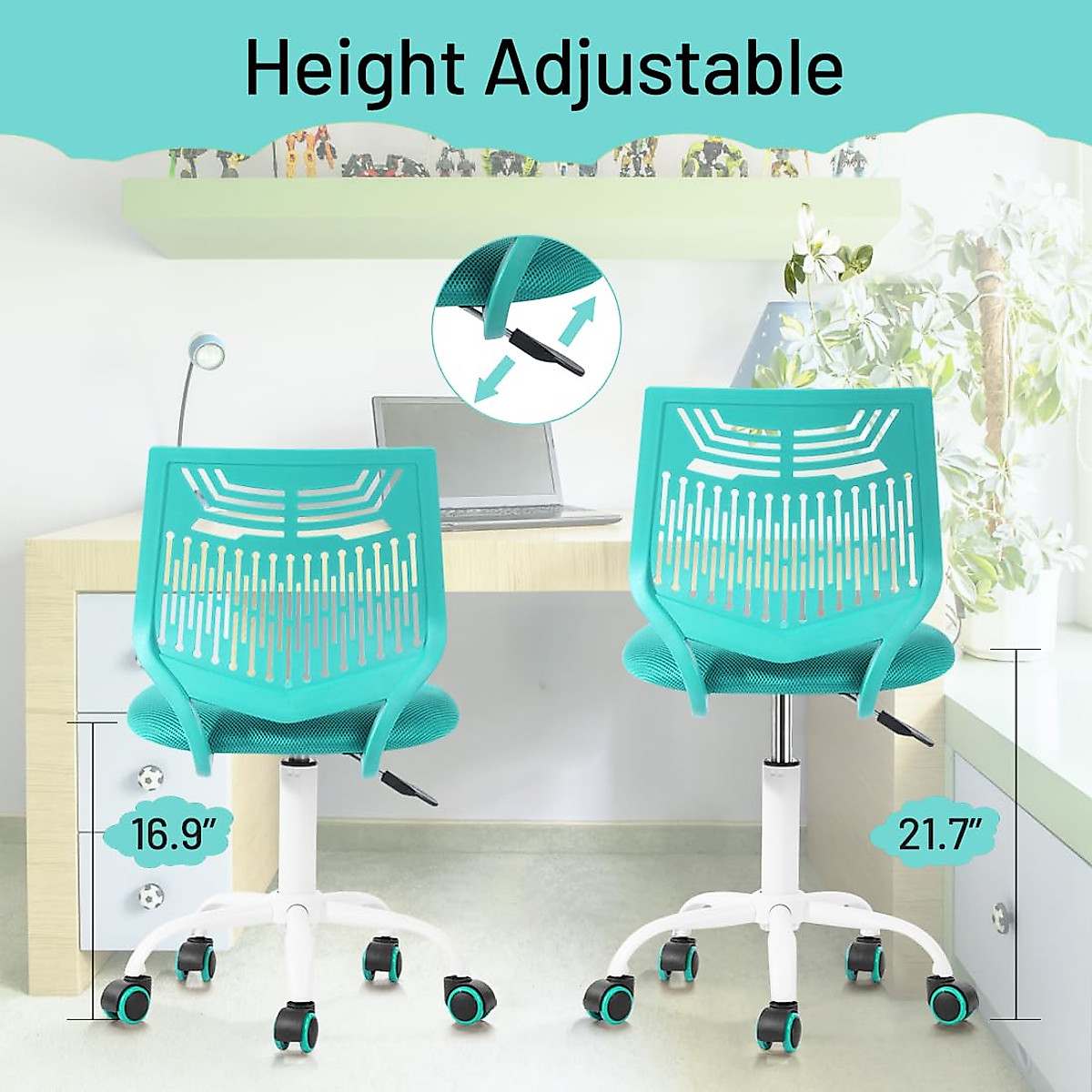 FurnitureR Kids Desk Chair, Student Study Computer Task Chair Armless Cute Rolling Swivel Adjustable with Mesh Soft Cushion Plastic Low Back, Aqua