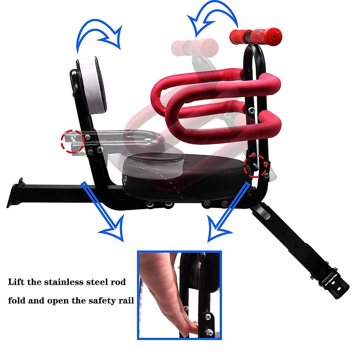 Together-life Foldable Front Mounted Children Bike Seats, Portable Baby Kids' Bicycle Carrier with Guardrail Handrail and Pedal for Mountain Bikes, Hybrid Bikes, Fitness Bikes