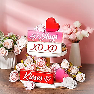 5 Pcs Valentine's Day Decorations Wooden Heart Blocks Signs Hugs Kisses Valentines Sign Decorations Gift Tiered Tray Decor Wood Heart Shape Wedding Decorations for Home Farmhouse (Heart)