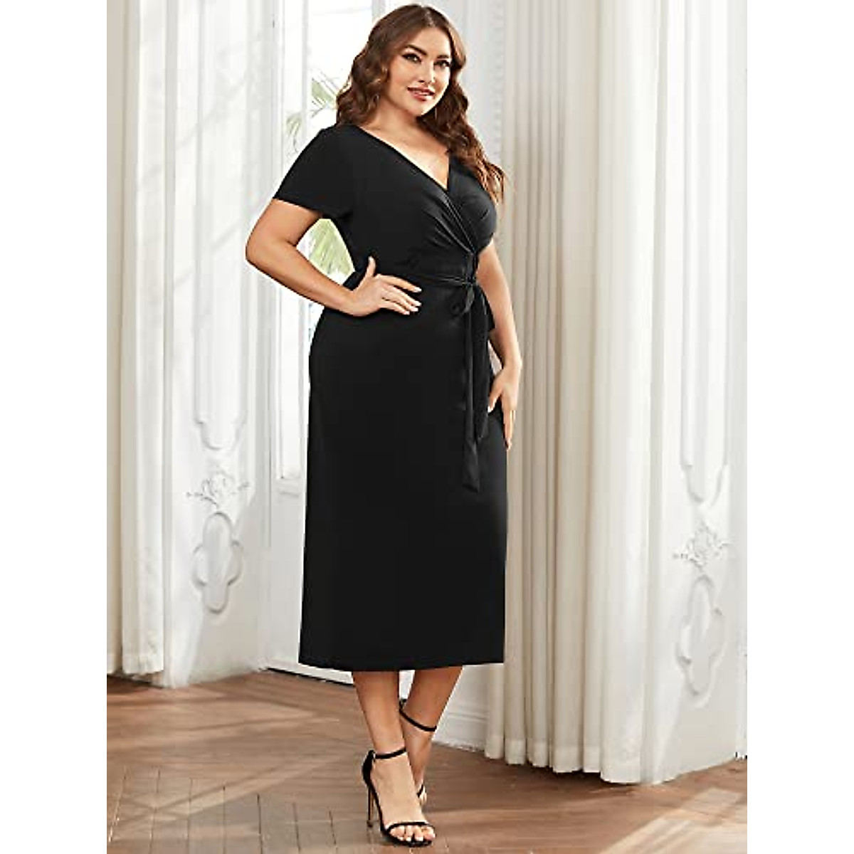 Ever-Pretty Women's Short Sleeves Bodycon Plus Size Semi Formal Dresses for Women Black 2XL