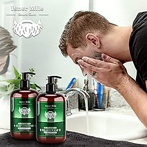 Beard Wash and Conditioner Kit (17oz) Natural Mint Beard Shampoo Conditioner Kit, Fathers Gifts for Dad Him Men, Beard Shampoo Set w/Beard Oil Conditioner Cleanse Smooth Soften Strengthen