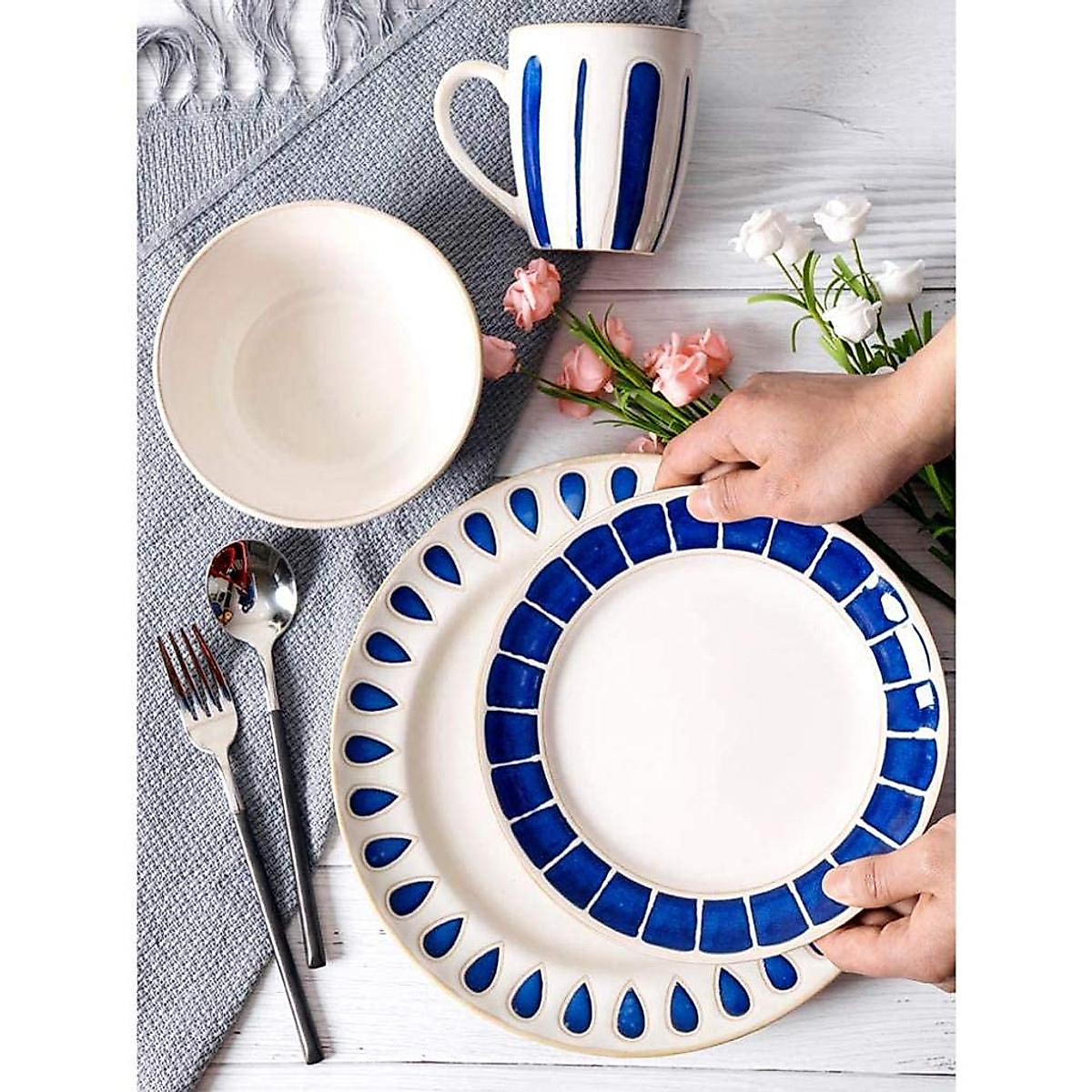 GagalU Fine Dinnerware Set,4 Pieces Blue White Ceramic Dinner Set Porcelain Mug Plate Bowl Lead-Free Tableware