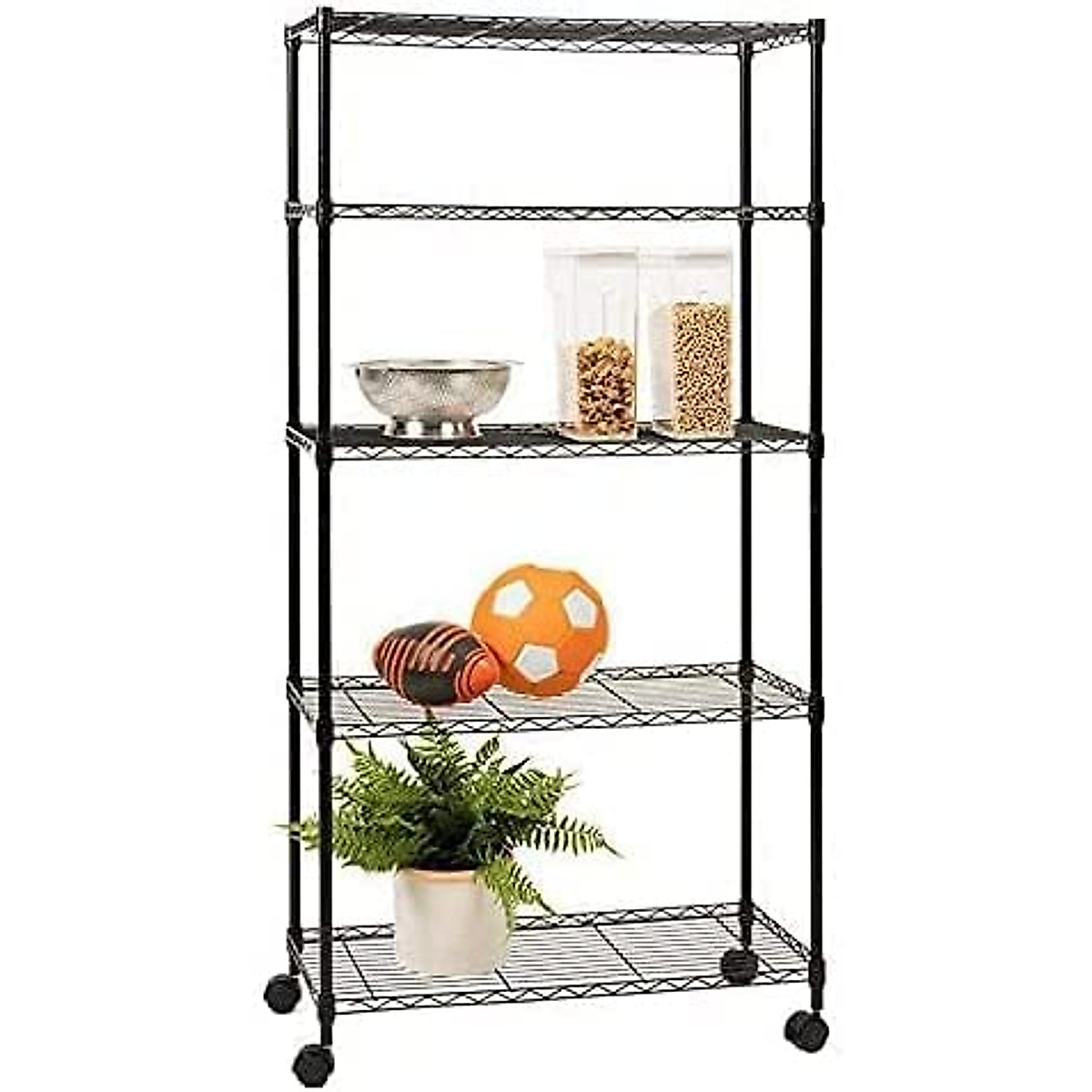 Heavy Duty 5-Tier Shelving Unit Commercial Grade Adjustable 900Lbs Capacity Steel Storage Rack 30L x 14D x 60H Mobile Shelves Wire Shelf Silver Rolling Utility Cart for Pantry Garage Kitchen- Black