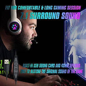 Mokata Gaming Headphone Wired USB Connect 7.1 Surround Stereo Over Ear Cat LED Light Fit Adult & Kid Foldable Headset with Mic for PC PS4 PS5 Game Laptop Pad H03 Cyan Beige White