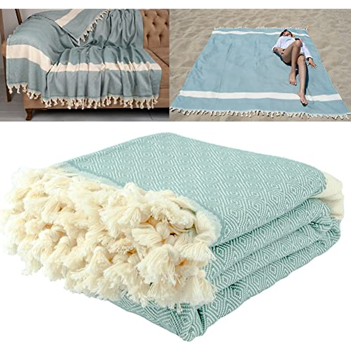 DEMMEX 90x82 Inches XXXL Turkish Cotton Multipurpose Blanket, Throw Blanket Bedspread, Beach Picnic Blanket, 100% Turkish Cotton, Diamond Weave, Made in Turkey, 3lb (Sage)