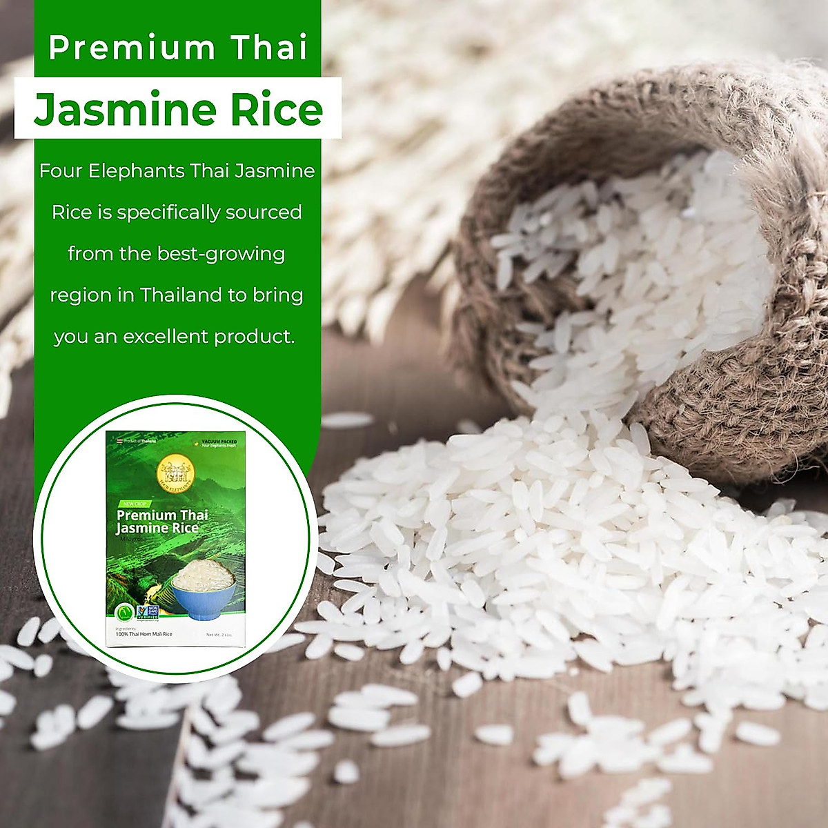 2 Pounds (LBS) Premium Thai Hom Mali Jasmine Rice | Endorsed By Pro Chefs | Four Elephants Brand | DIY Friendly Cooking Instructions Packaging