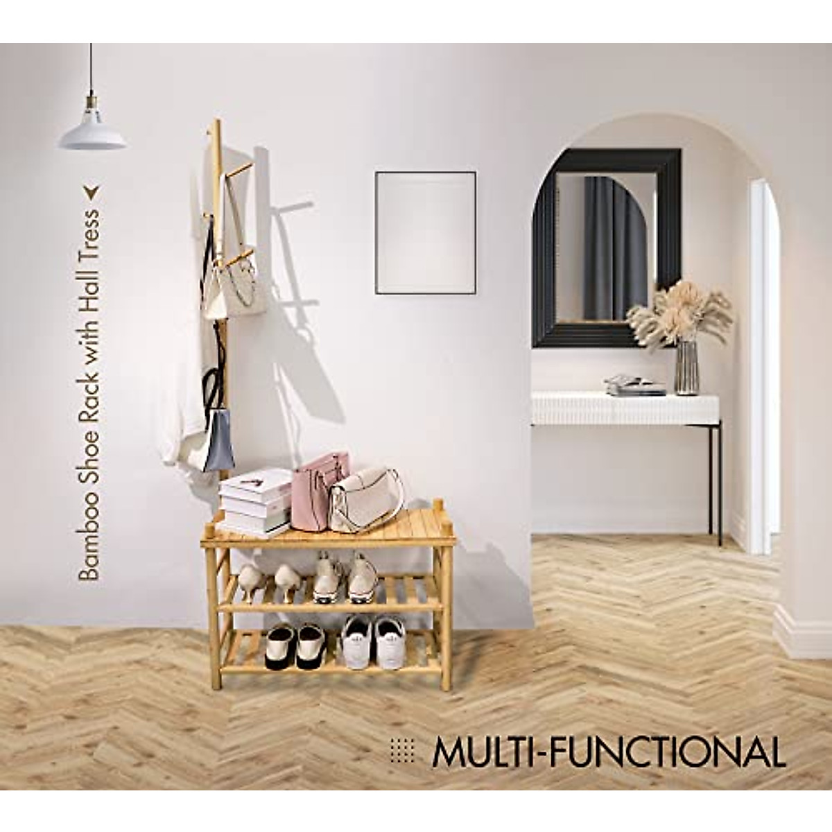 ZYBT Shoe Rack, Entryway Bench with Coat Rack, Hall Tree, 3 in 1 Design Bamboo Shoe Rack for Entryway, Multifunctional Shoe Bench, Free Standing Shoe Racks Shelf for Hallway Bedroom