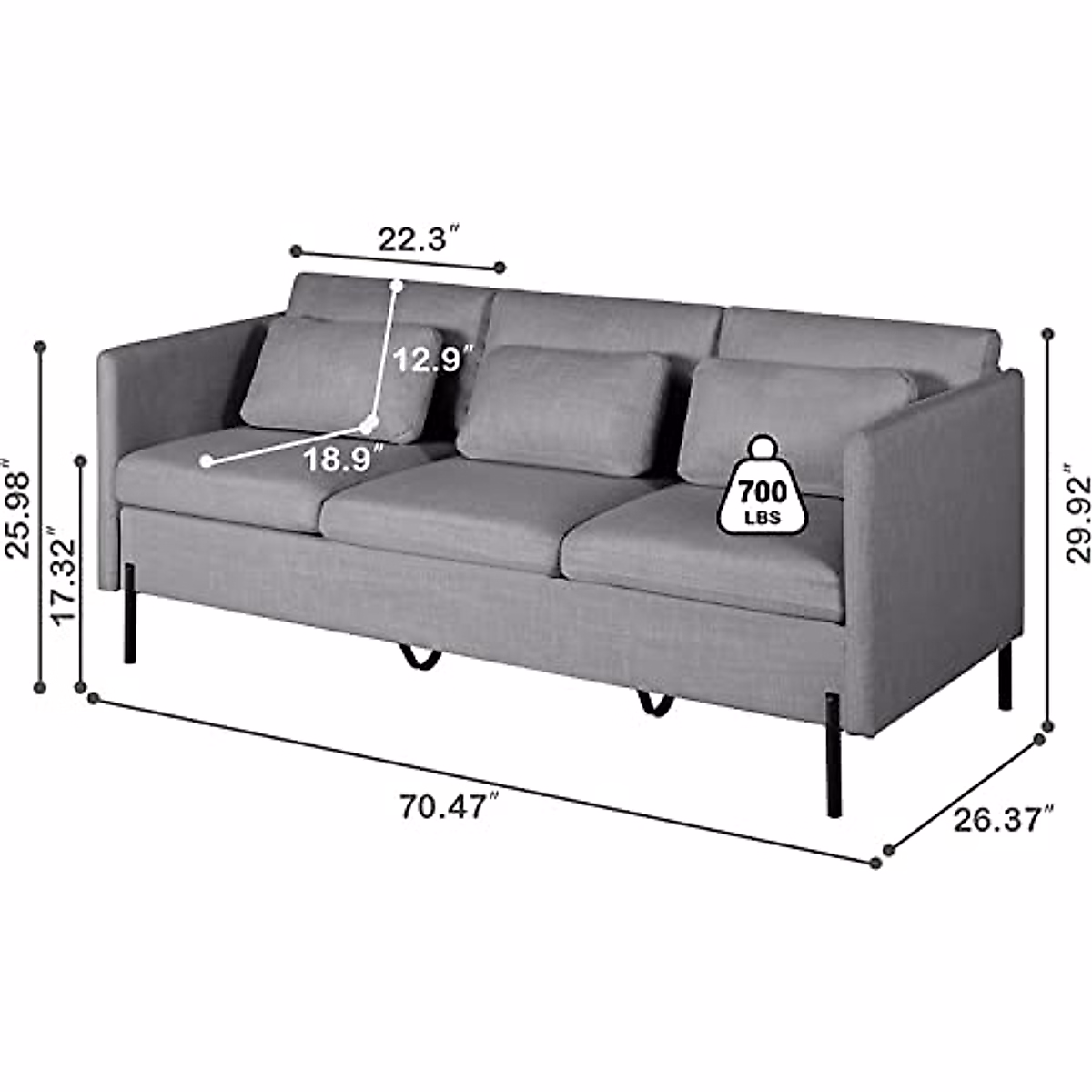 LINLUX 70 Inch Sofa Couch, 3 Seater Couches for Living Room, Comfy Sofas w/3 Pillows and Iron Legs, Fabric Sofa for Small Spaces, Bedroom, Office, Light Grey