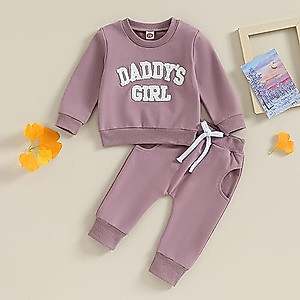 FIOMVA Daddys Girl Baby Clothes Toddler Fall Winter Outfits Sweatshirt Pants 2 Piece Set Shirt Sweatpants Suit (H Embroidered Daddy's Girl Purple, 2-3 Years)