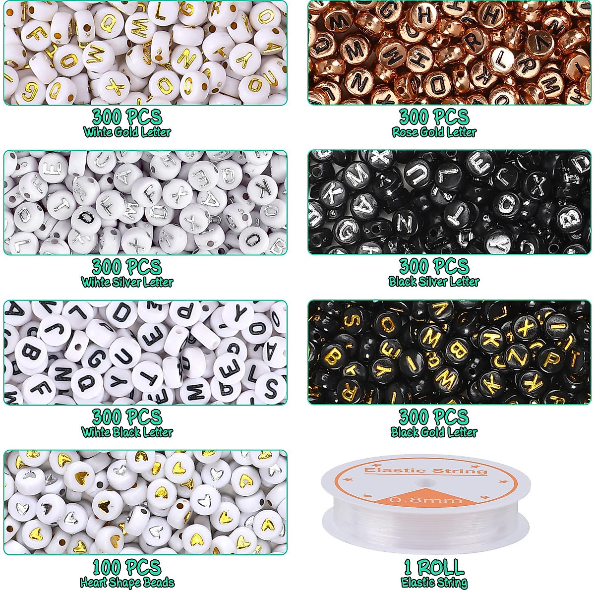 1900Pcs 7 Colors Round Letter Beads 4×7mm Acrylic Alphabet Beads with 1 Roll Elastic String for Bracelet Necklace Jewelry Making Supplies