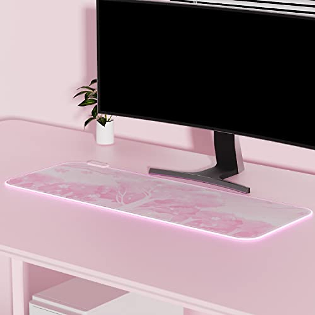 Pink RGB LED Gaming Mouse Pad, 14 Modes Glow Pad, Extra Large Gaming Mousepad,Waterproof Rubber Non Slip Cute Sakura Mat, Extended Big Keyboard and Mouse Pad Mat for Gamer Office Home, 800×300×4mm