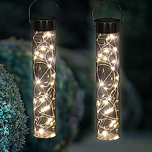 Exhart 2pc Solar Hanging Cylinder Lights, 20 Firefly LEDs, Acrylic, Accent Lighting Decor,2pc 2"x10"