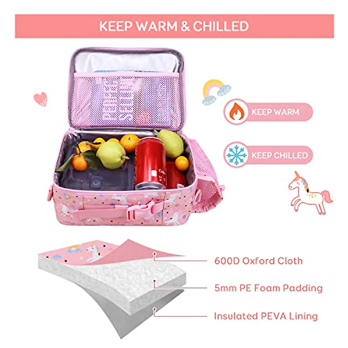 Kids Lunch Box Insulated with 2 Reusable Ice Packs, Large Lunch Bag Soft, Double Insulated, Durable, Water-Resistant Fabric with Zippered Pockets and Bottle Holder, Thermal Meal Tote Kit, Unicorn