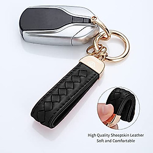 Hamdecro Genuine Leather Car Keychain, Handmade Knit Sheepskin Key chains for Women, Universal Key Fob Holder with 360 Degree Rotatable, Anti-Lost D-Ring, 2 Keyrings and 1 Screwdriver – Black