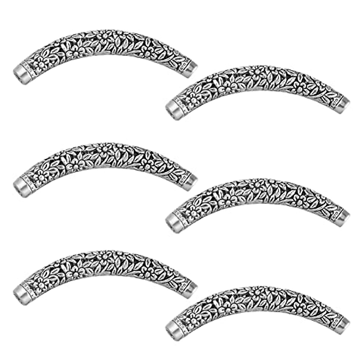 6Pcs/Set Noodle Tube Spacers Beads, Antique Silver Flower Pattern Floral Millefiori Carve for Charm Bracelet Necklace DIY Jewelry Making, 67mm Long, Hole: 3mm