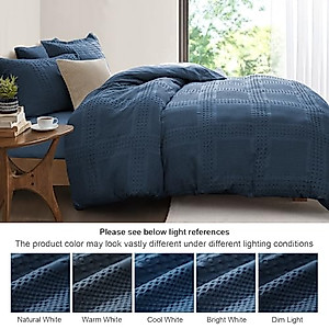 PHF 100% Cotton Waffle Duvet Cover Full Size, 3 Pieces Soft Breathable Duvet Cover Set for All Season, Pre-Washed Decorative Textured Comforter Cover with 2 Pillow Shams, 80"x90", Navy Blue