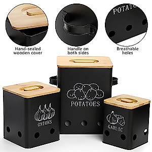 WUWEOT 3 Pack Vegetable Storage Bin, Potato Onion Garlic Storage Canister, Black Metal Vegetable Fresh Keeper Caddy, Kitchen Pantry Organizer Jars with Bamboo Lid and Aerating Holes