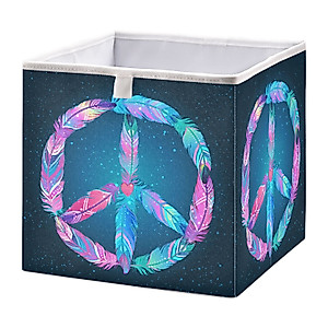 ALAZA Collapsible Storage Cubes Organizer,Peace Sign Made of Colored Bird Feather Storage Containers Closet Shelf Organizer with Handles for Home Office