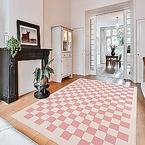 TRUEDAYS Area Rug 5x7 Modern Pink Checkered Rug for Living Room and Bedroom Soft Washable Rug with Non-Slip Backing, Soft Low Pile Checkboard Area Rug Carpet for Indoor Use