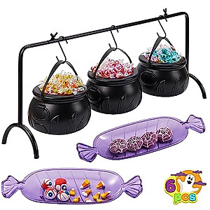 JOYIN 3 Witches Cauldron Serving Bowls, 2 Purple Candy Discs, a Black Metal Shelf with 3 Hooks, 6 PCS Halloween Party Decoration Set Black Plastic Candy Bucket Cauldron Bowls, for Halloween Outdoor and Indoor Decor