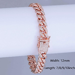 Apzzic 12mm Iced Out Cuban Link Chain Gold Plated Bracelet Hip Hop Bling Full CZ Lab Diamond Miami Bangle Bracelet for Women Men Rose Gold 8Inch