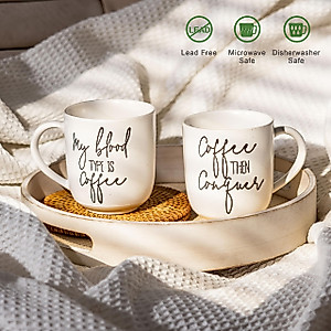 Taimei Teatime 14.5 oz Ceramic Coffee Mug Set of 2, My Blood Type is Coffee & Coffee Then Conquer Coffee Cup Sets, Mugs Gift Set for Couple & Coffee Lovers, Dishwasher and Microwave Safe