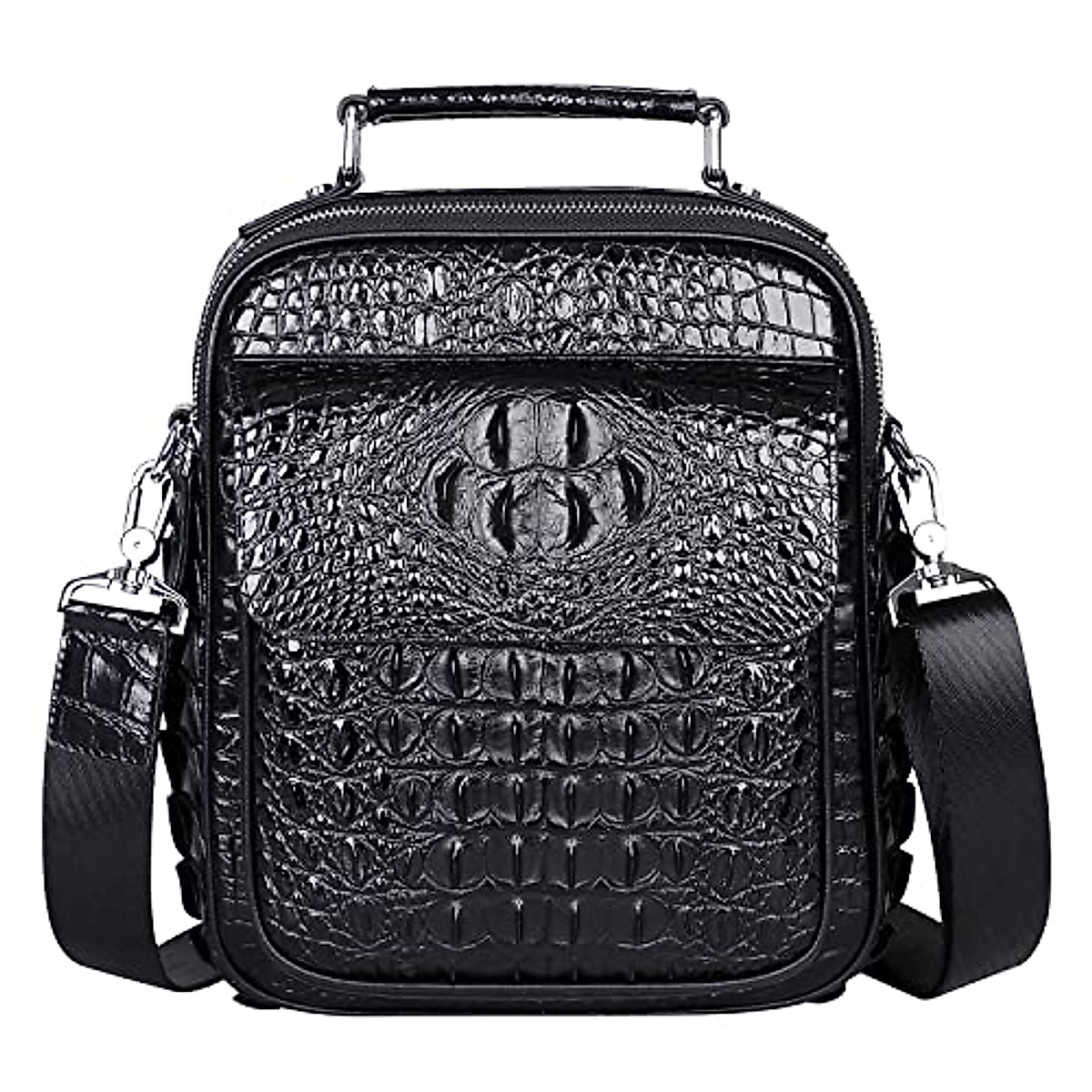 PIJUSHI Crocodile Leather Crossbody Bag for Men Genuine Leather Small Messenger Bag Shoulder Bag(PE002 Black)