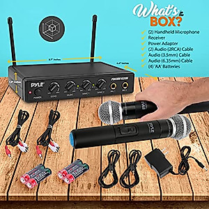 Pyle Wireless Karaoke Microphone System - Portable Audio Sound Mixer Receiver Set w/Dual Mic Setting, Two Handheld Mics, 3.5mm AUX & RCA Cord - for DJ Sound, Home Party, & Theater - PDKWM102UM
