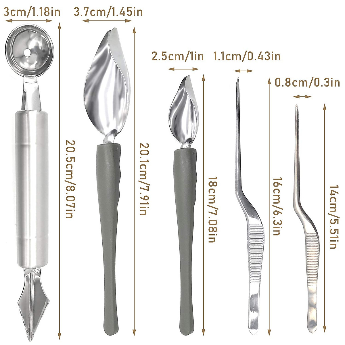 5 Pieces Culinary Drawing Decorating Spoon Set, Drizzle Spoons, Cooking Tweezers and Melon Baller Spoon, Professional Chef Tool for Decorating Plates
