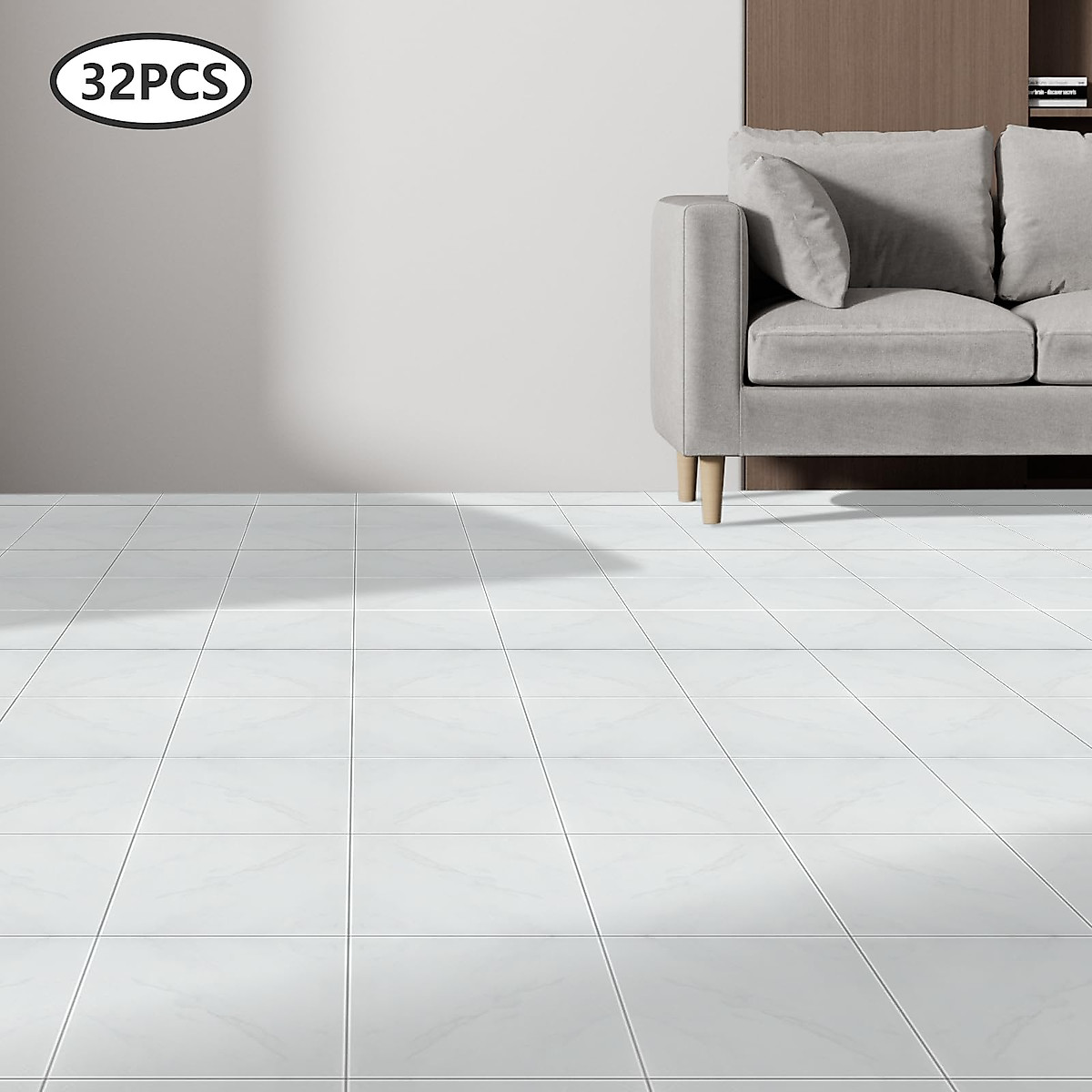 LOHISHIL 32PCS 12 * 12in Stick Floor Tile White Floor Tiles Self, Adhesive Wall Tiles Peel and Stick Floor Tiles Bathroom Floor Stickers for Kitchen, Bedroom, Hallways, Garages, Lobbies(White)
