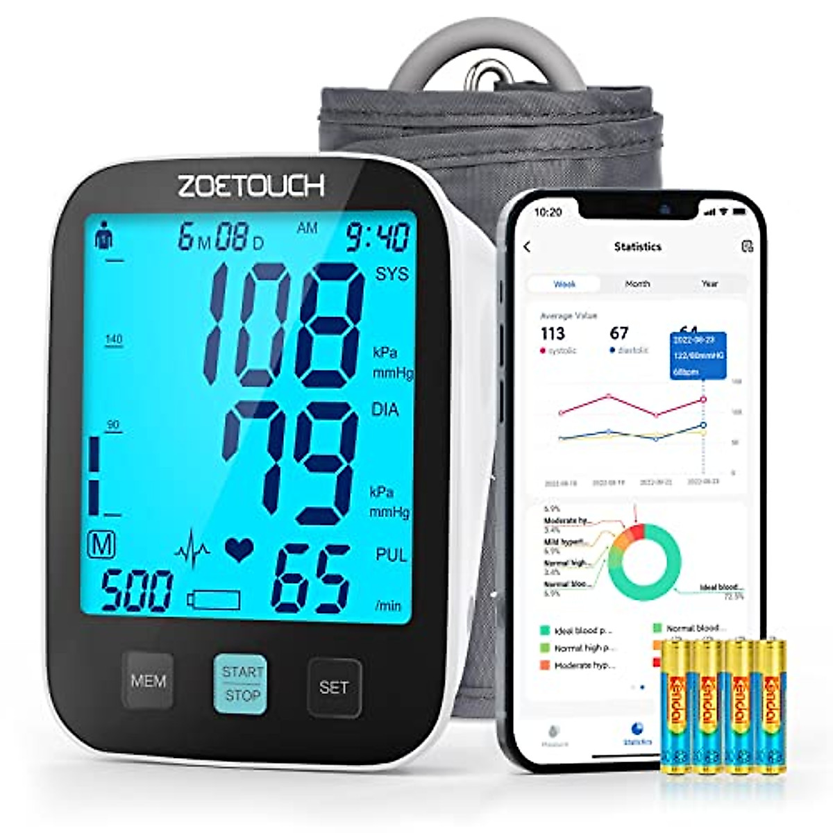 ZOETOUCH Bluetooth Blood Pressure Monitors for Home Use High Blood Pressure Machine, Smart Automatic Upper Arm BP Monitor Large Cuff, 500 Set Memory, Battery Included,LCD Backlit,Offline Storage