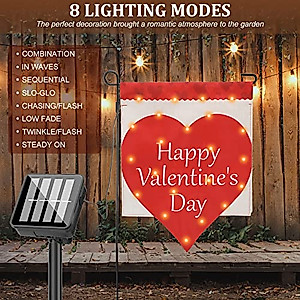 22 LED Solar Valentine's Day Garden Flag 8 Lighting Modes 12 x 18 Inch Double Sided Vertical Red Love Heart Garden Flag for Valentine's Day Garden Outdoor Yard Light Decoration