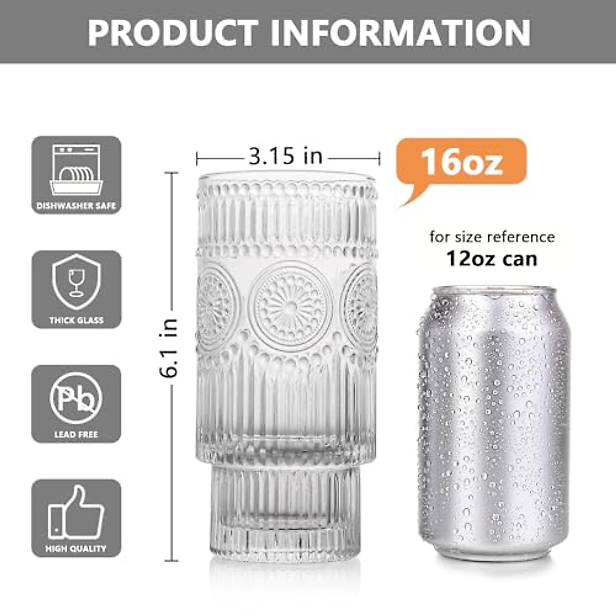 SoulTimes 4 Pack Large 16oz Ribbed Glassware Set, Flower Design Stackable Glass Cups, Vintage Textured Clear Striped Drinking Glasses Set, for Bar Beverages,Juice,Water,Cocktail,Iced Coffee