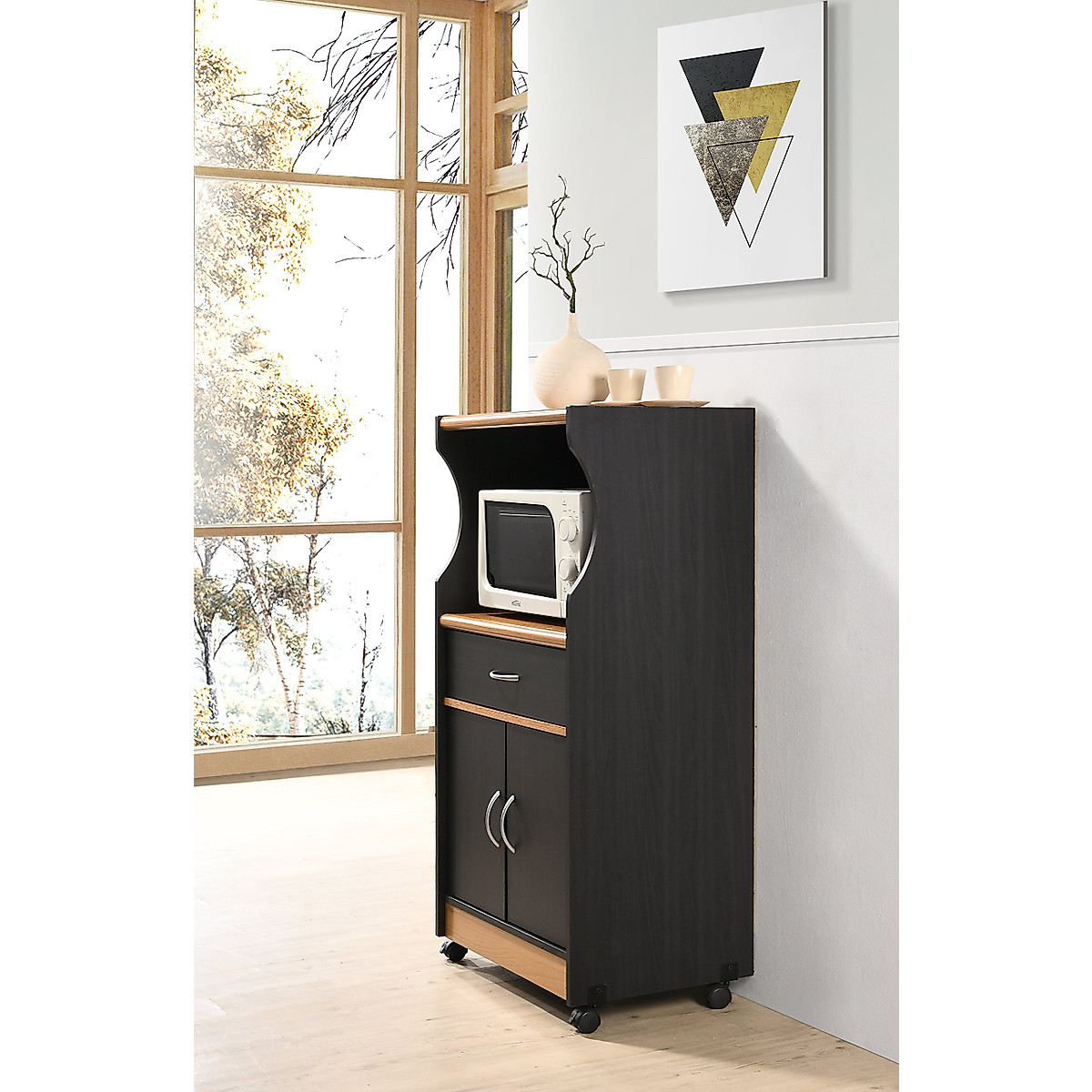 HODEDAH IMPORT Microwave Cart with One Drawer, Two Doors, and Shelf for Storage, Black-Beech.