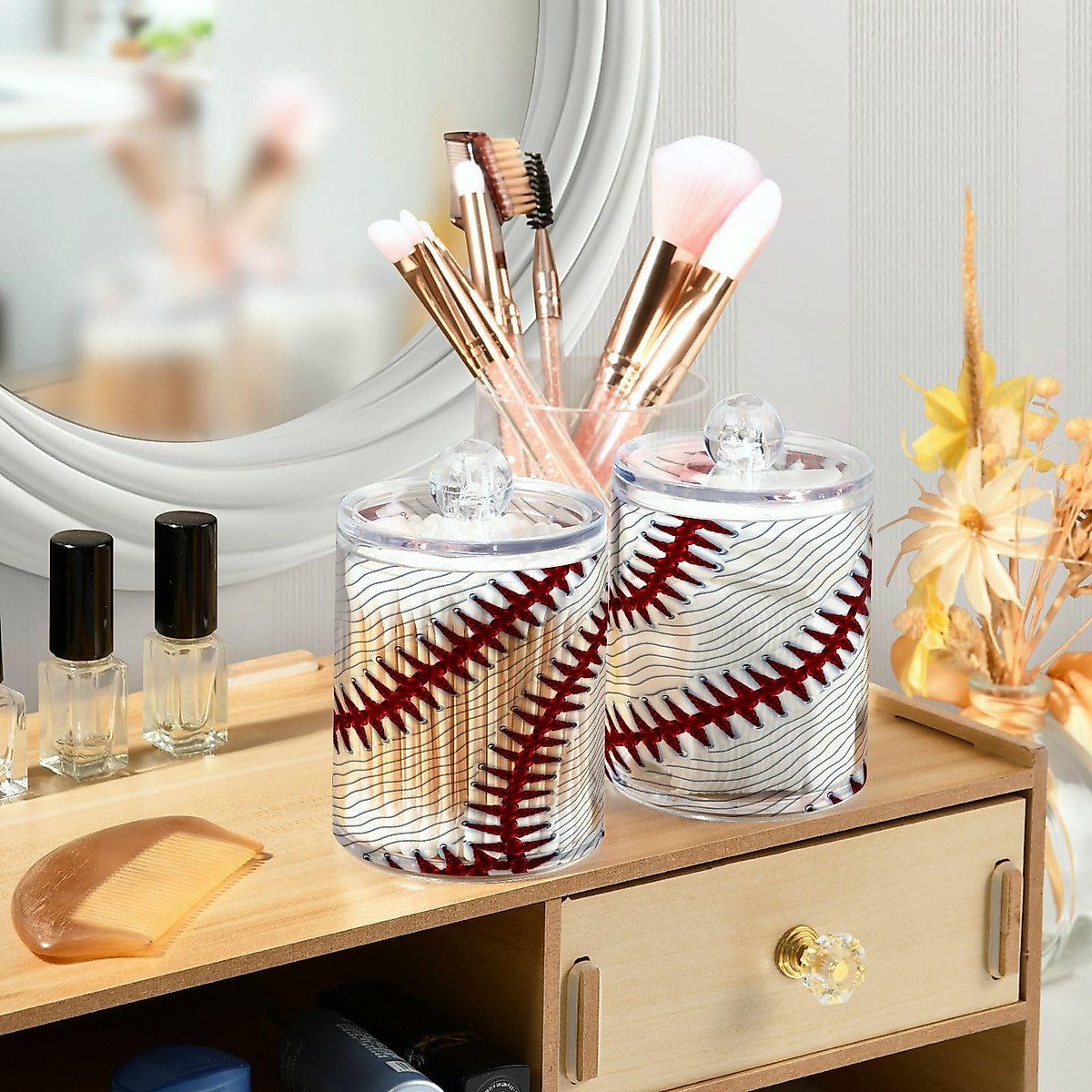 ATTX Sport Baseball Print Qtip Holder Dispenser for Cotton Ball, Cotton Swab,Plastic Clear Apothecary Jar, Home Décor Kitchen Storage Jar,2 Pack