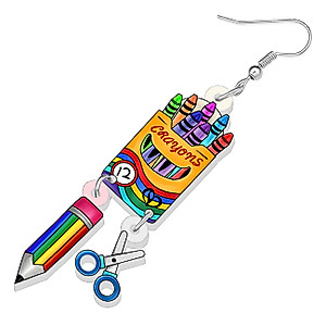 NEWEI Fun Teacher Earrings Back to School Dangle Book Apple Jewelry for Women Crayon Pencil Charms (Crayon)