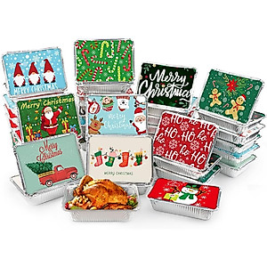 Christmas Decorations, Christmas Cookie Tins with Lids 50Pcs Tin Foil Containers 10 Styles Xmas-Themed Patterns Aluminum Food Containers Storage Pans for Treat, Party Leftovers