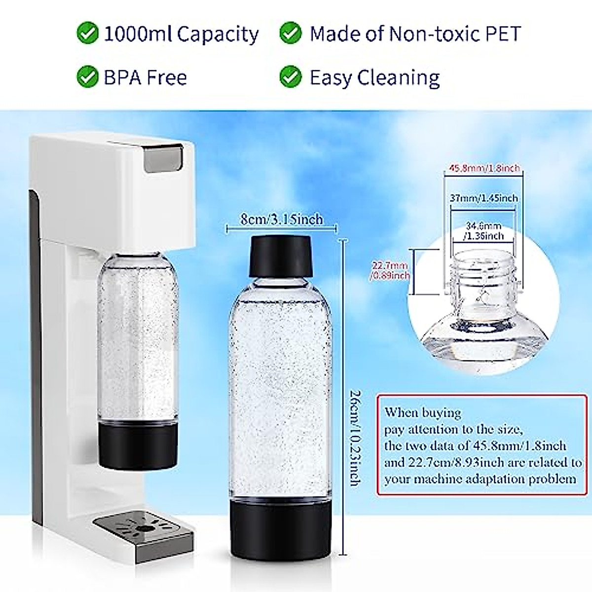 meekoo 4 Pcs Soda Carbonating Bottles Clear Soda Maker Bottle Plastic Soda Bottle Compatible with Soda Drinkmate Soda Maker for Kitchen Home Party Carbonated Drinks Beverages (1 Liter)