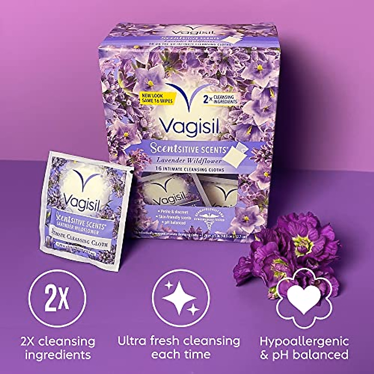 Vagisil Scentsitive Scents On-The-Go Feminine Cleansing Wipes, pH Balanced, Lavender Wildflower, Individually Wrapped, 16 Count (Pack of 1)