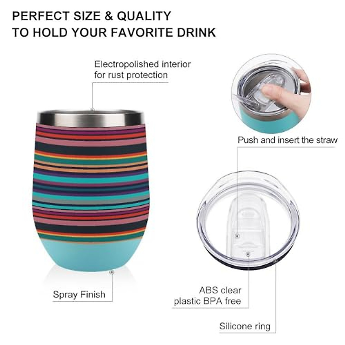 WYUSPGK 304 Stainless Steel Insulated Cup, Tricolor Stripes Print Smooth Rim, Durable & Reusable - Perfect for Office, Home, And Travel