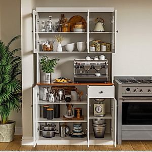 Cozy Castle Tall Kitchen Pantry Cabinet with Microwave Shelf, Modern Large Freestanding Sideboard Cupboard Kitchen Hutch Cabinet with Storage Countertop and Drawer for Dining Room, Living Room, White