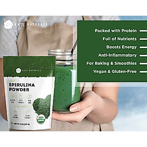 Kate Naturals Organic Spirulina Powder for Immune Support and Antioxidants. Nutrient Dense Superfood Supplement (8 oz, USDA Certified, Non-GMO, Gluten- Free)