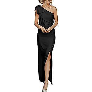 ANRABESS Women's Summer One Shoulder Long Semi Formal Dresses Sleeveless Ruched Bodycon Wedding Guest Cocktail Slit Maxi Dress 2023 Gala Graduation Prom Dress 749heise-S Black