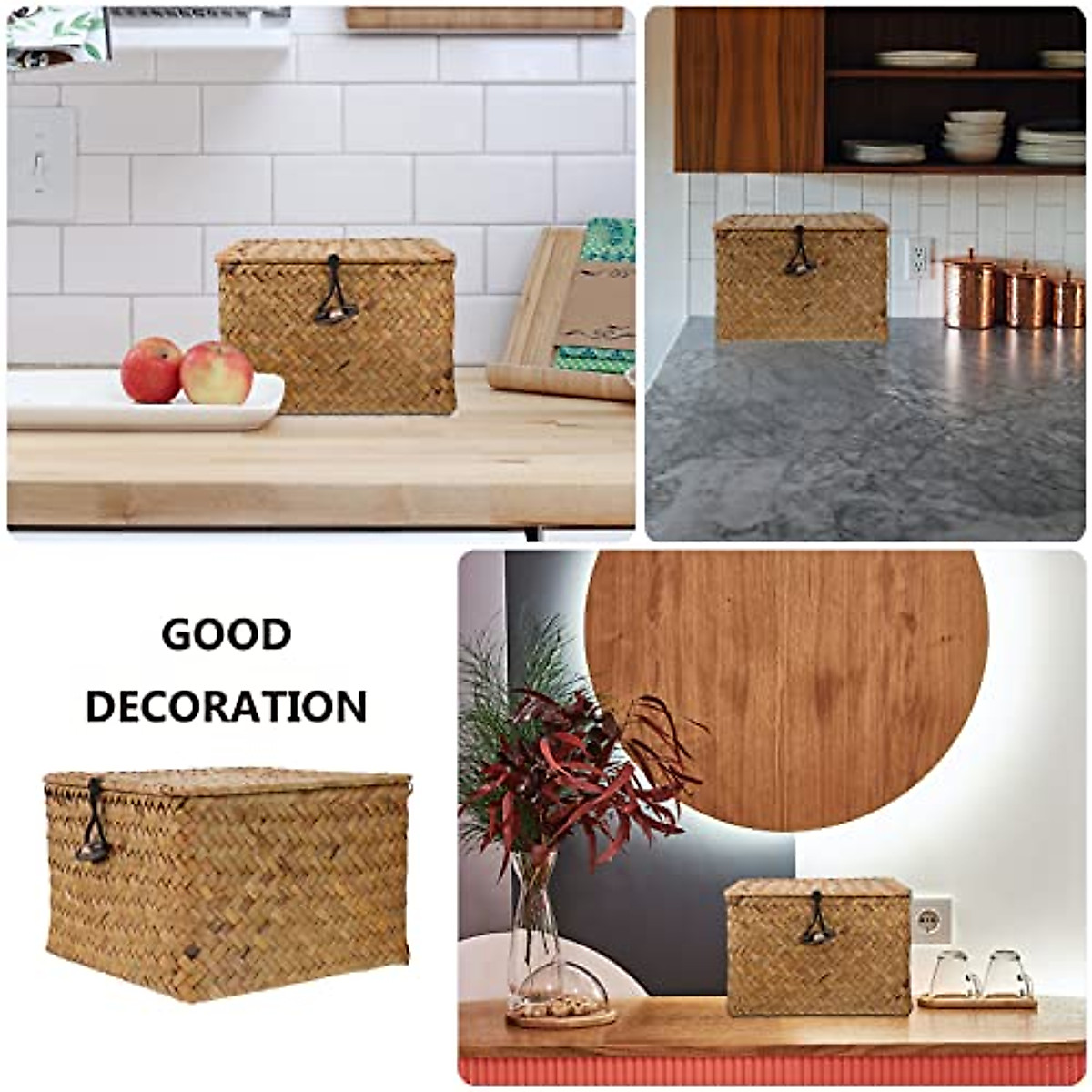 DOITOOL Straw Rattan Storage Basket With Lid Square Wicker Storage Bins Tea Storage Box With Cover Organizer Home Decoration (Large)