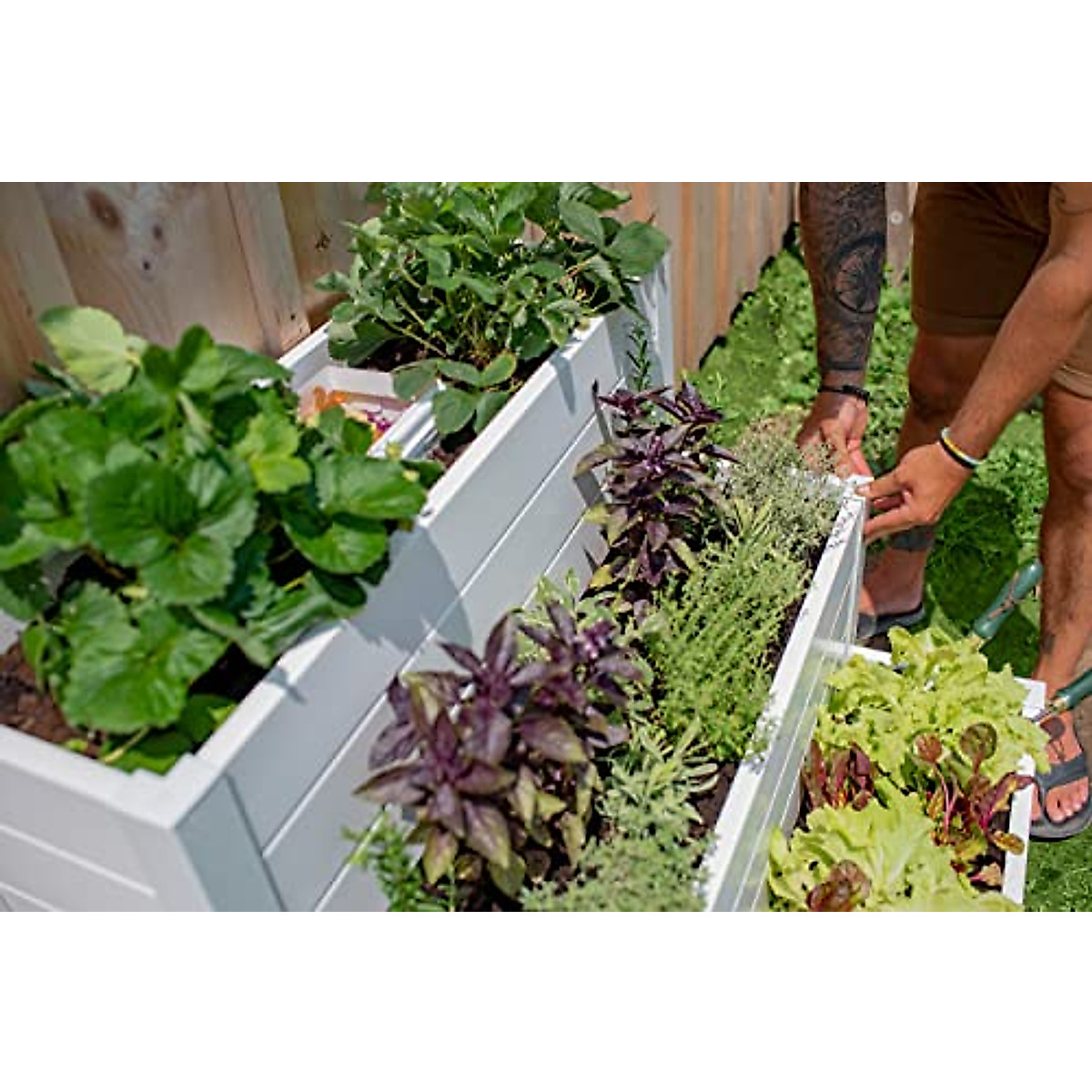 Vita Classic 33 inch x 33 inch Tiered Cascading Keyhole Garden with Composting Basket, White Vinyl, PVC, BPA and Pthalate Free, VT17109